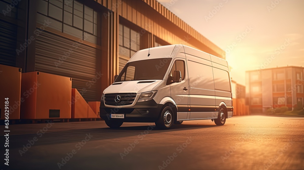 Cargo bus waiting for loading at logistic center while delivery minivan ...