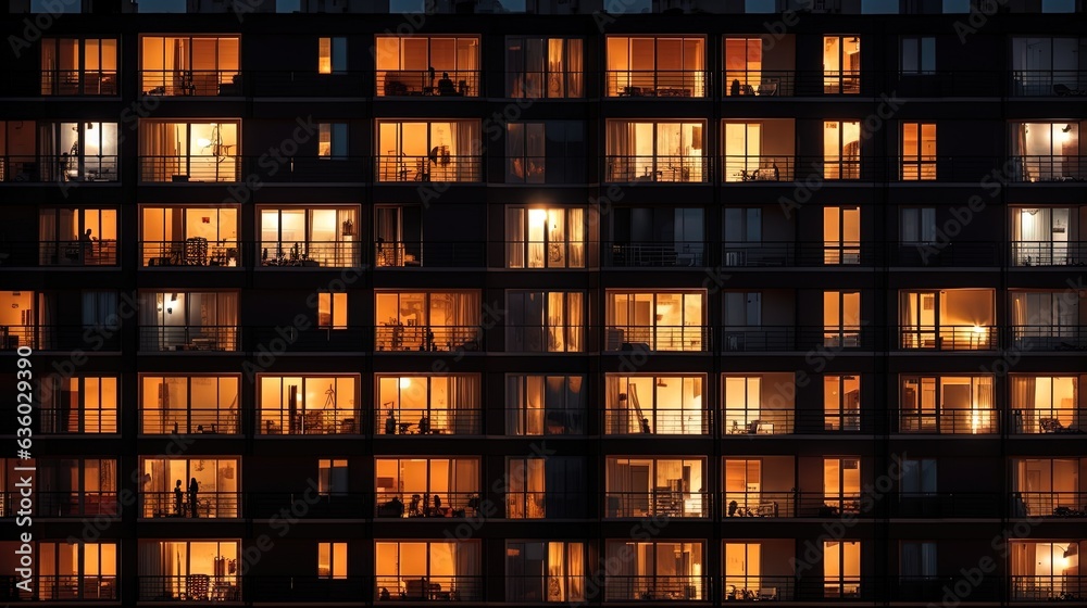 Lit windows of tall apartment building at night Urban backdrop ...