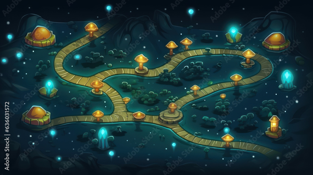 Arcade game progress map on fantasy forest background. Vector cartoon ...