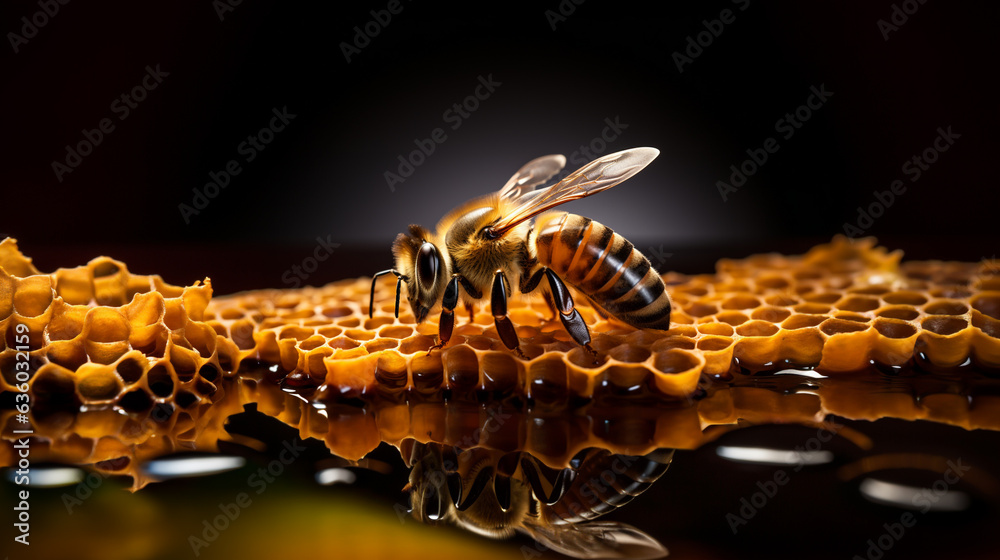 Generative AI, macro shot of a bee on honeycombs, apiary, insect ...