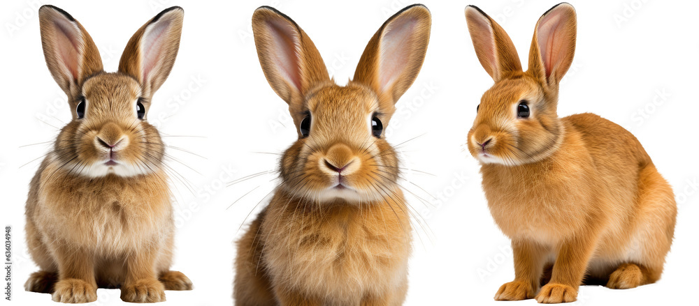 Collection of three brown rabbits (portrait, sitting, side view ...