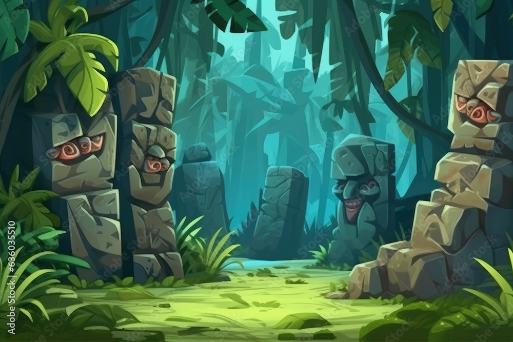 Stone statues in the rainforest. A lawn in the jungle. Game design ...