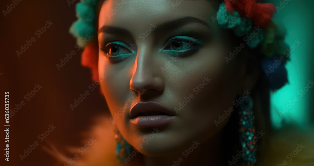 Beautiful woman's face. She has smooth skin, high cheekbones, and full ...