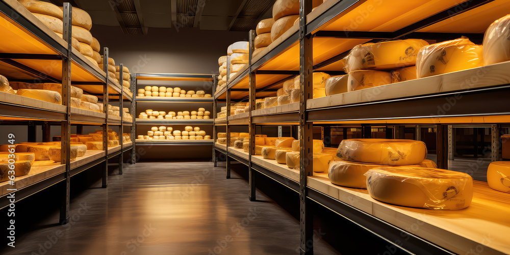 Cheese production corridor with shelves with lots of cheeses. Creative ...