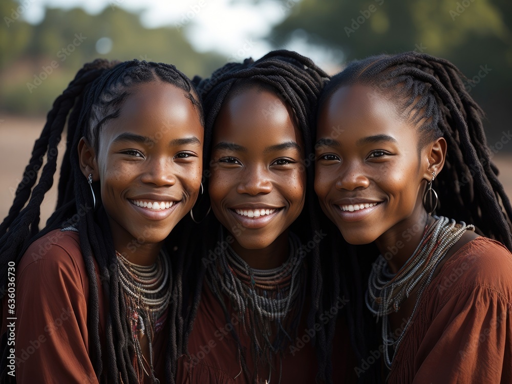 Three smiling African friends posing together, with a bright and ...