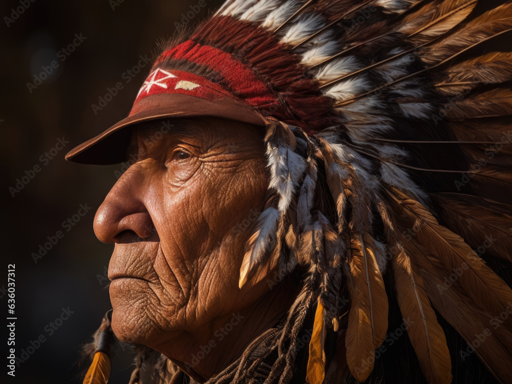 A portrait depicts an elderly Native American man dressed in ...