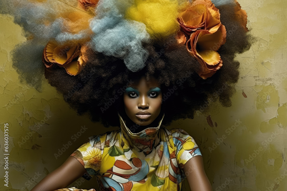 Embracing a retro-inspired fashion concept, a stylishly dressed Afro ...