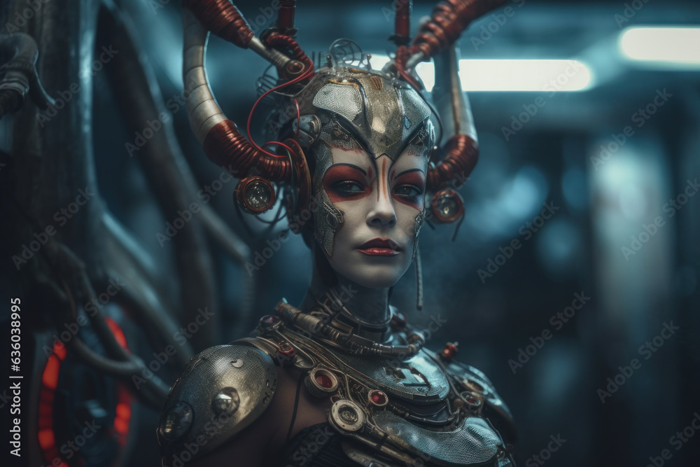 Portrait of a woman in an cyber armor and helmet with horns in ...