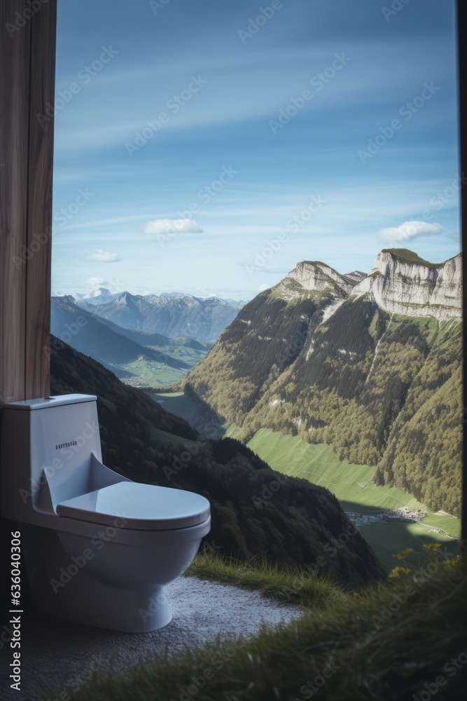 Enjoys Morning Toilette Sitting on Toilet, Admiring Beautiful Mountain ...
