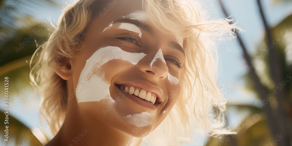 skincare, sun protection, Smiling Female Face Adorns Sunscreen on Nose ... skincare, sun protection, Smiling Female Face Adorns Sunscreen on Nose ...