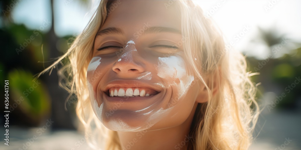 skincare, sun protection, Smiling Female Face Adorns Sunscreen on Nose ... skincare, sun protection, Smiling Female Face Adorns Sunscreen on Nose ...