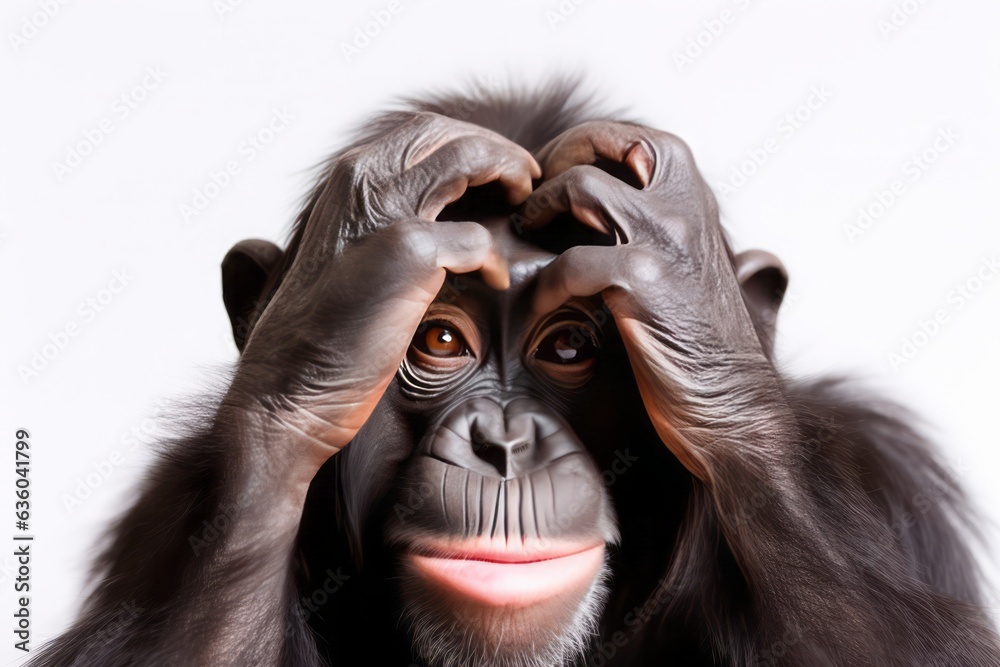 Protective Gesture: Ape Covering Eyes, Ears, and Mouth on White ...