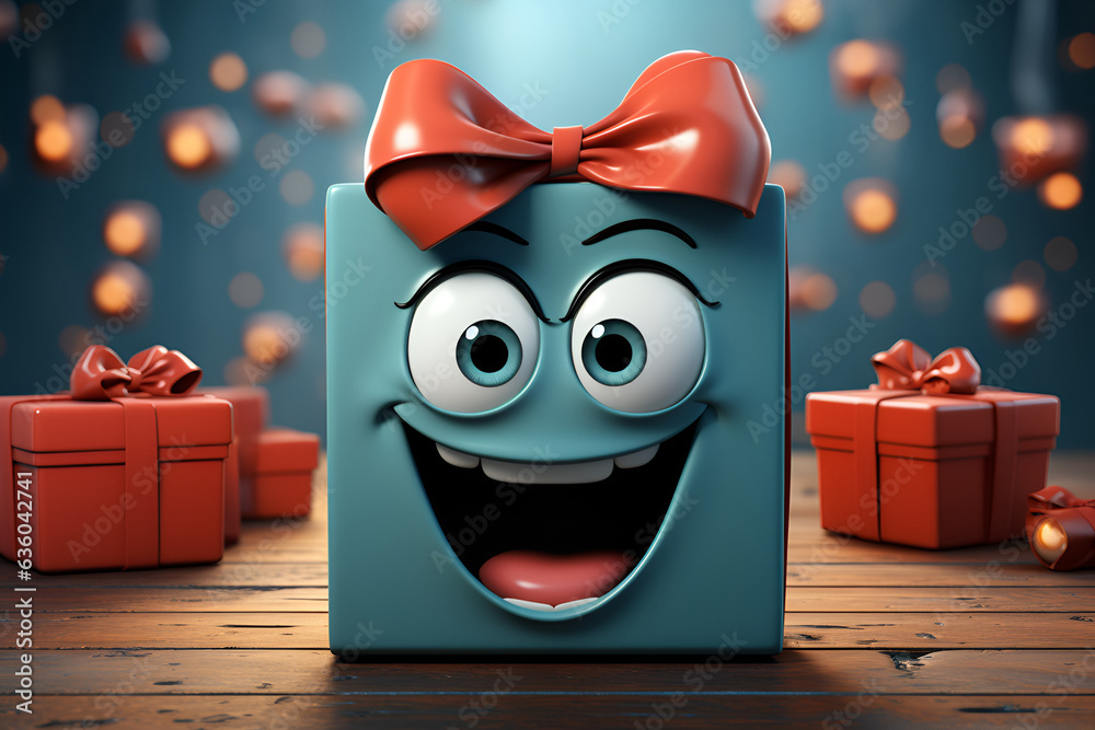 3d cartoon smiling blue color box with a red bow, an adorable character ...