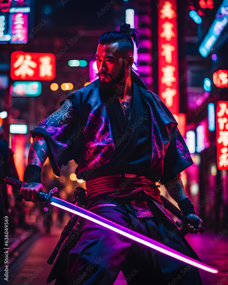 illustration of a cyberpunk samurai in a city at night holding a neon ...