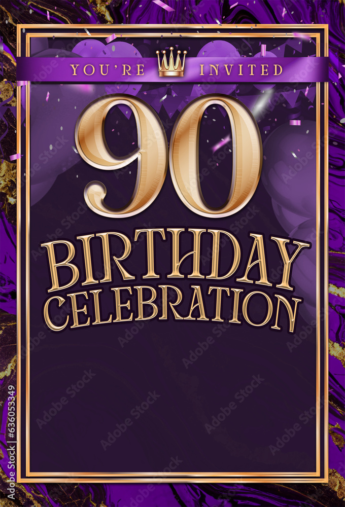 90th Purple and Gold Birthday Party Invitation Template Design Stock ...
