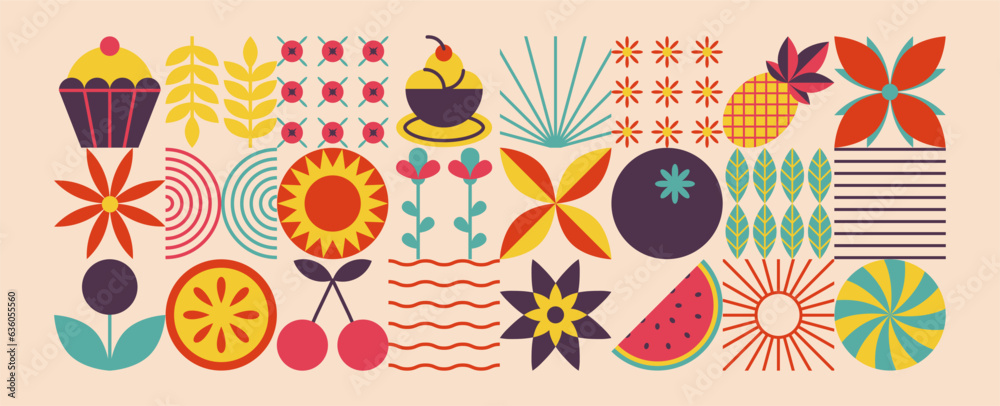Geometric food pattern. Natural organic fruit flower shapes, modern ...