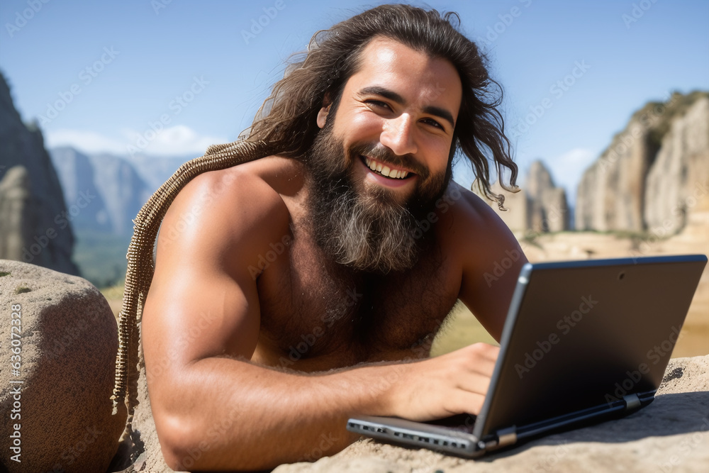 Set in cave, a prehistoric person using a laptop, emphasizing the ...