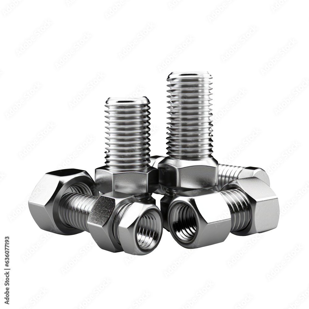 Row of metal bolts and nuts in a chromed pattern isolated Set of black ...