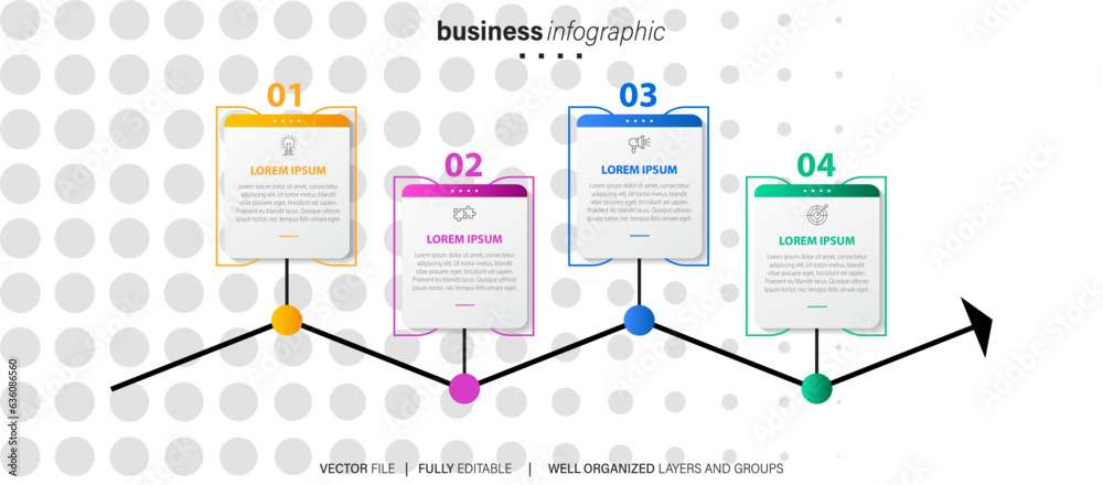 Line step infographic. 4 options workflow diagram, circle timeline ...