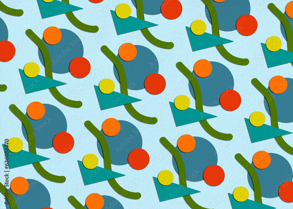 Retro inspired repeating pattern with circles, triangles and lines ...