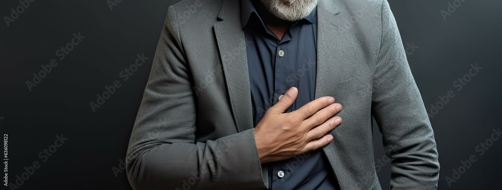 Man holding hands on chest. Heart disease. Feeling sad. Facing struggle ...