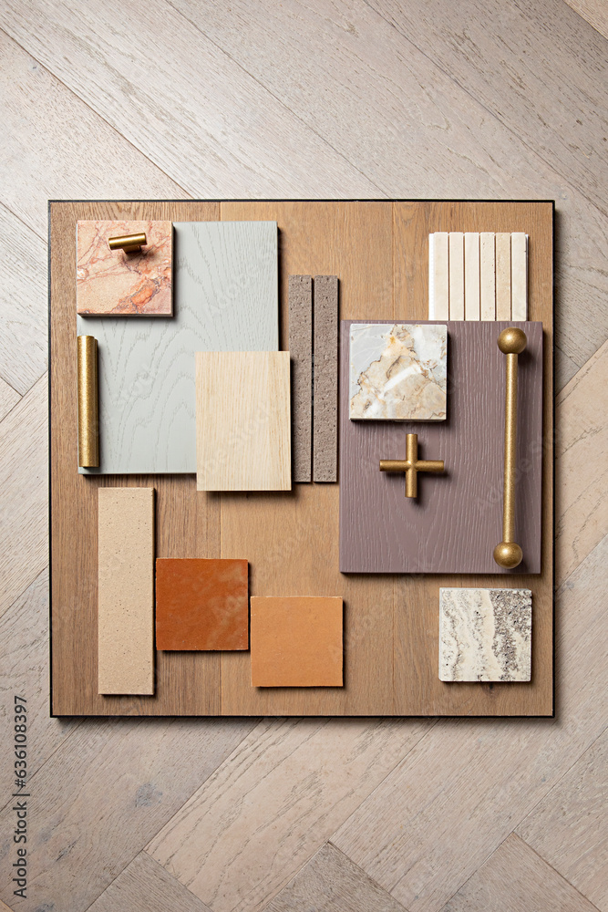 flatlay of samples for architectural design elements and moodboard ...