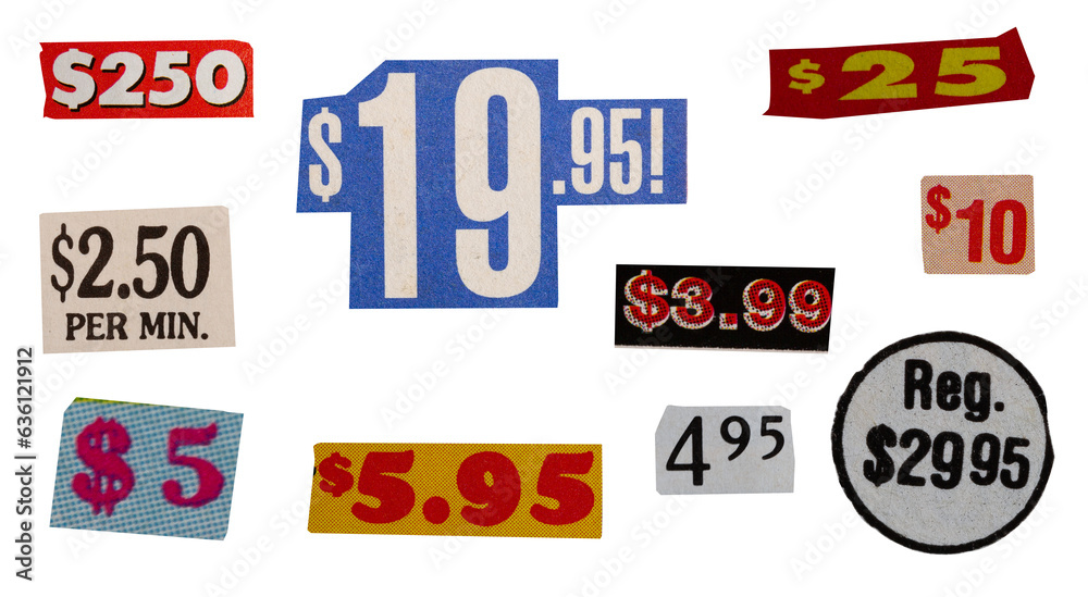 Cut out magazine vintage labels, price, offer, discount, words ...