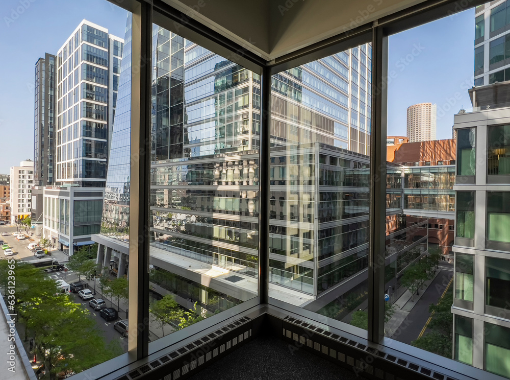 Boston city skyline Modern Seaport District video window view Stock ...