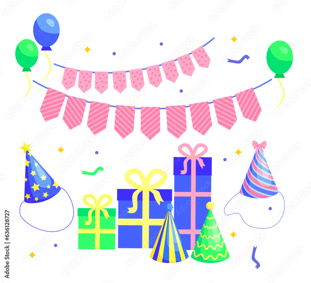 Colorful decorations for birthday party vector illustration. Carnival ...