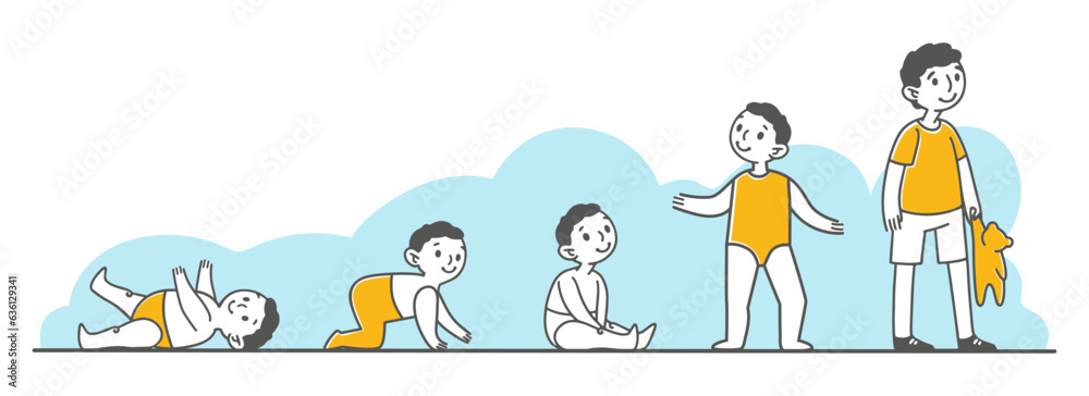 Development stages of little boy vector illustration. Child growing ...