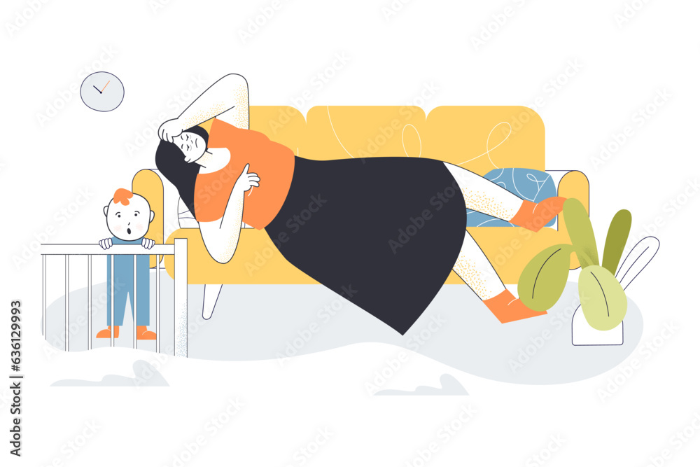 Exhausted mother on sofa and baby in crib vector illustration. Cartoon ...