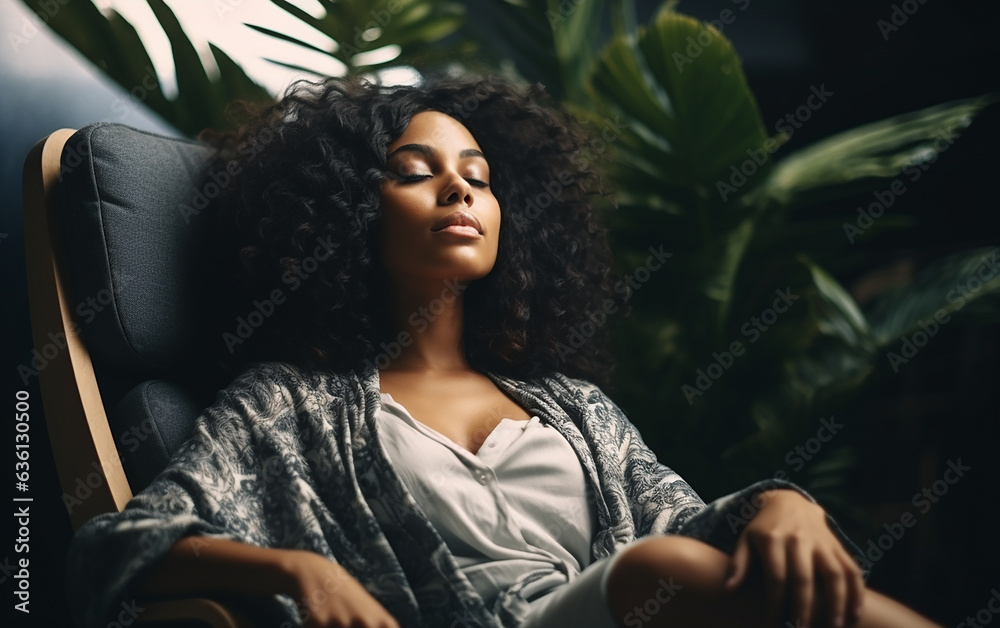 Smiling calm young black african american dark-skinned woman relaxing ...