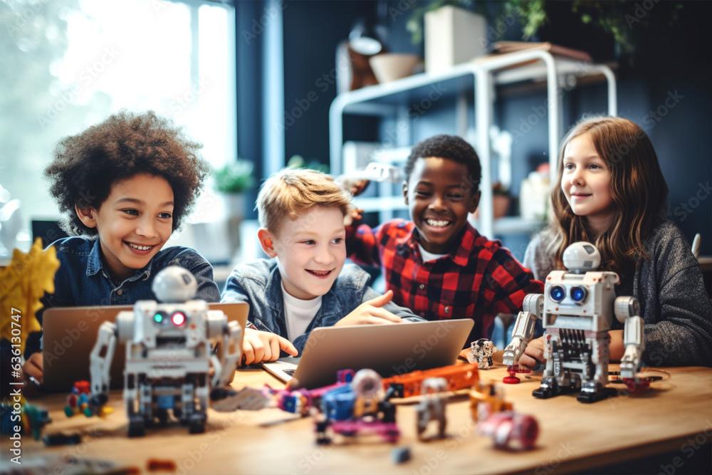 Foto de Enthusiastic kids of different nationality working on ...