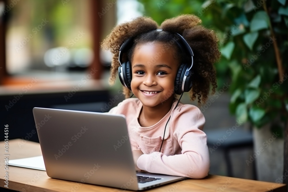 African american kid girl online learning on computer. Cute mixed race ...