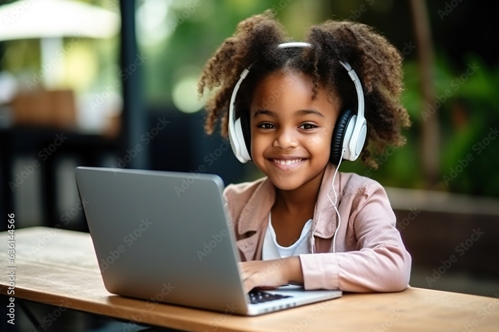 African american kid girl online learning on computer. Cute mixed race ...