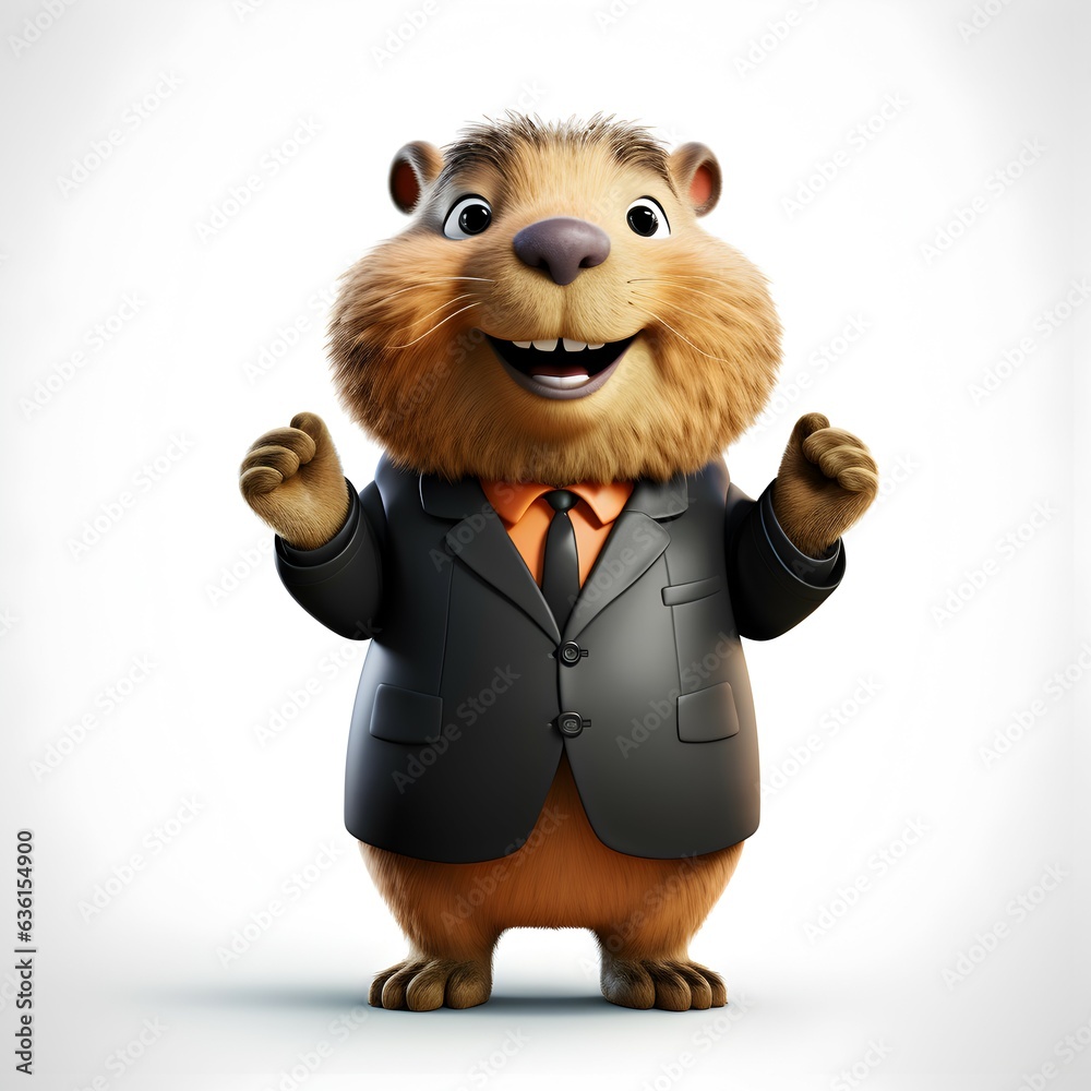 Full body 3d character of a cute capybara wearing a black suit on a ...