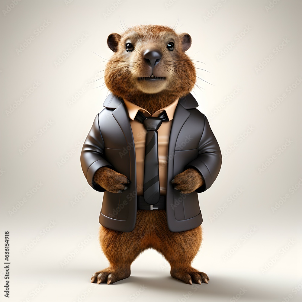 Full body 3d character of a cute capybara wearing a black suit on a ...