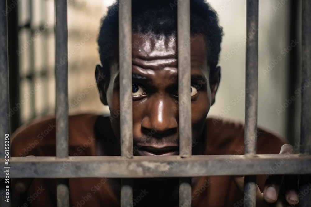 African American man stands behind prison cell bars and looks at camera ...