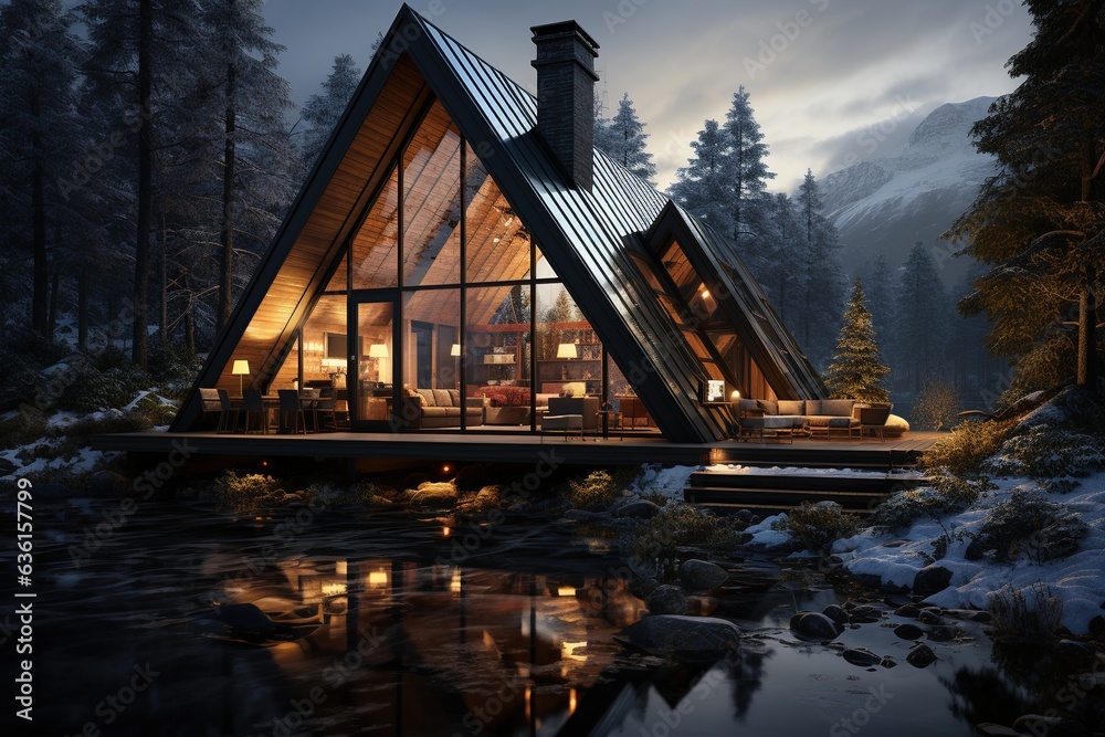 Nordic mountain retreat, nestled amid fir trees. Showcase timber beams ...
