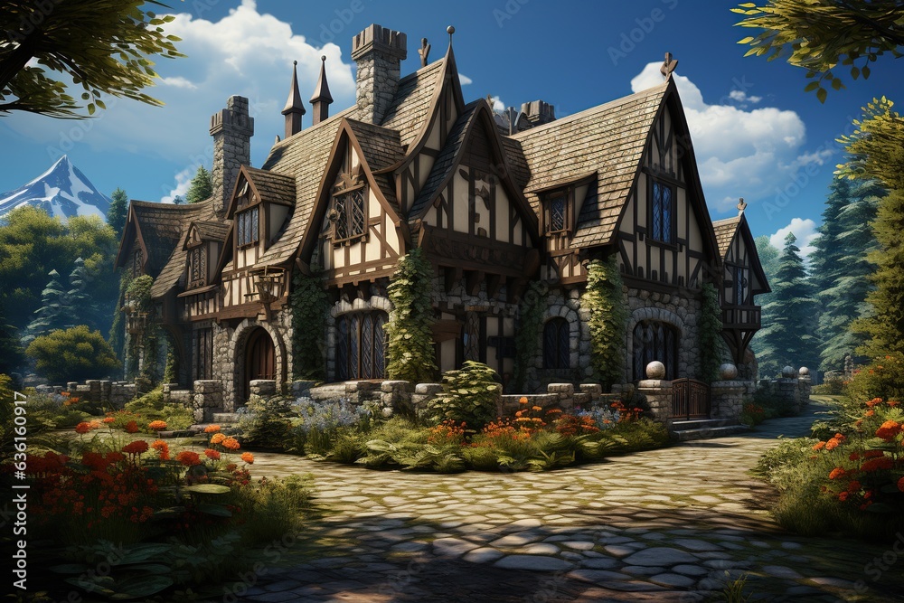 bold American Tudor-style house with steeply pitched roofs, half ...
