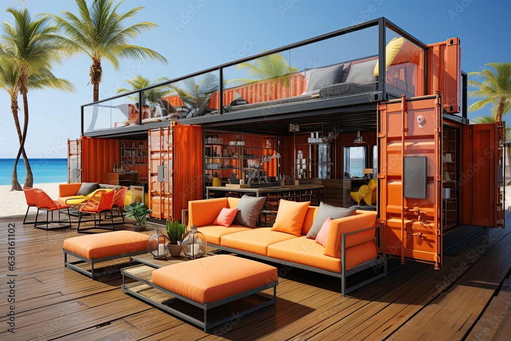 container beach house, highlighting its mobility. Showcase how it can ...