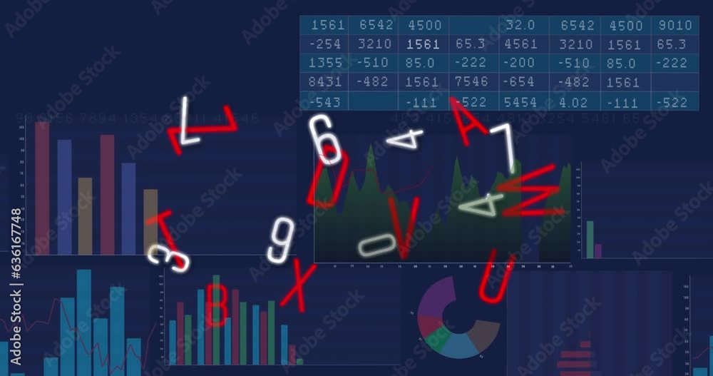 Animation of changing numbers and alphabets floating against statistical data processing Stock ...