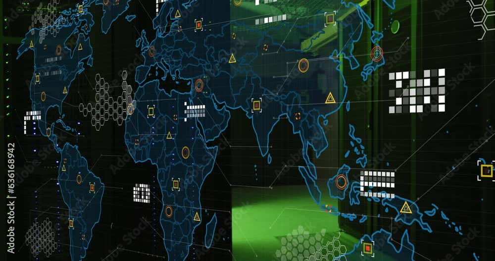 Animation of microprocessor connections over world map against computer server room Stock ビデオ ...