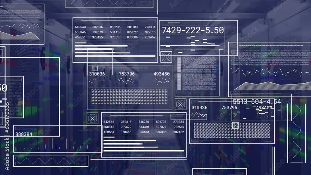 Animation of graphs, changing numbers, loading circles, bars and squares over server room Stock ...