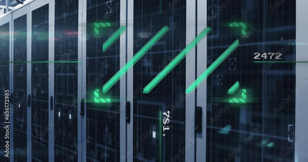 Animation of lines in viewfinder with changing numbers, lens flares on server racks in server ...