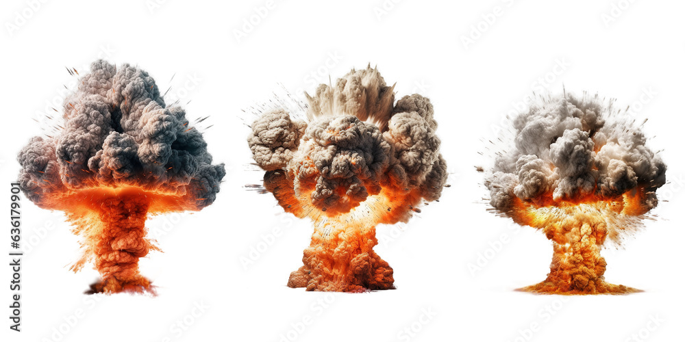 Set of Realistic explosion on transparent background. nuclear explosion ...