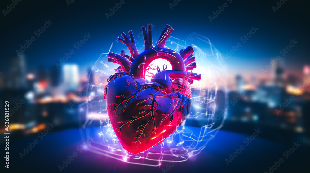a vibrant digital representation of a human heart superimposed with a ...