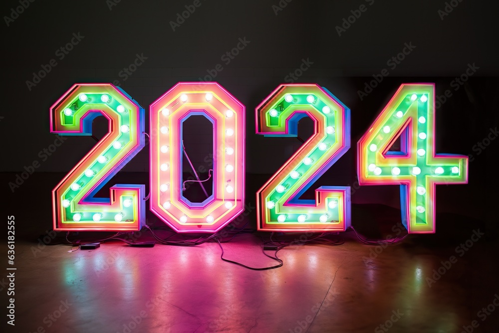 Neon sign number 2024, happy new year 3d text celebration party. Happy ...