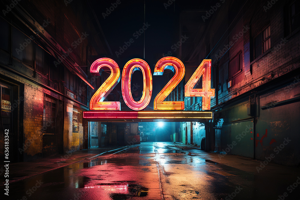Neon sign number 2024, happy new year 3d text celebration party. Happy ...