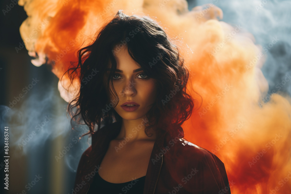 woman stands confidently amidst a smoky background, the wisps of smoke ...